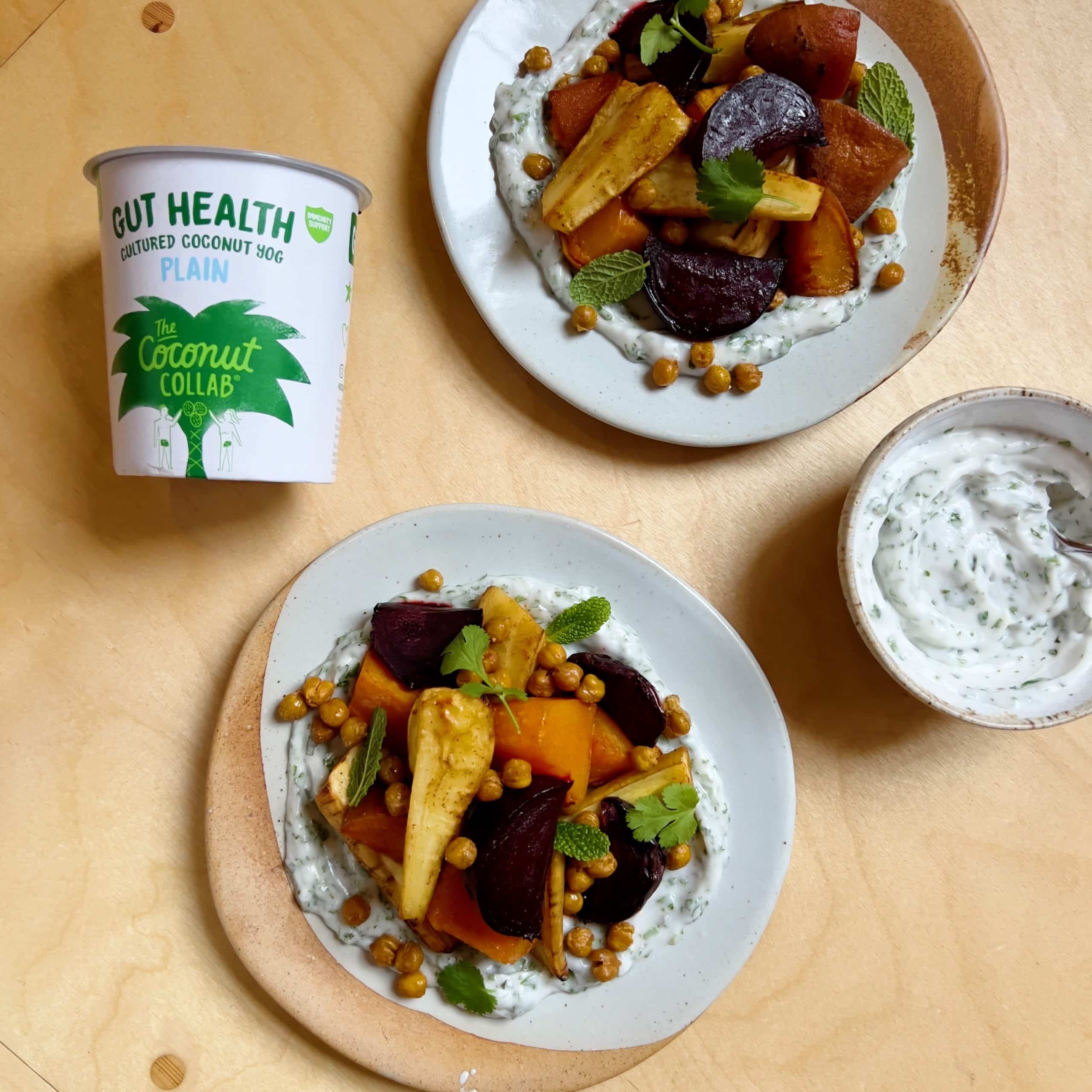 spiced root veg with chickpeas & herby yoghurt dip – The Gut Stuff